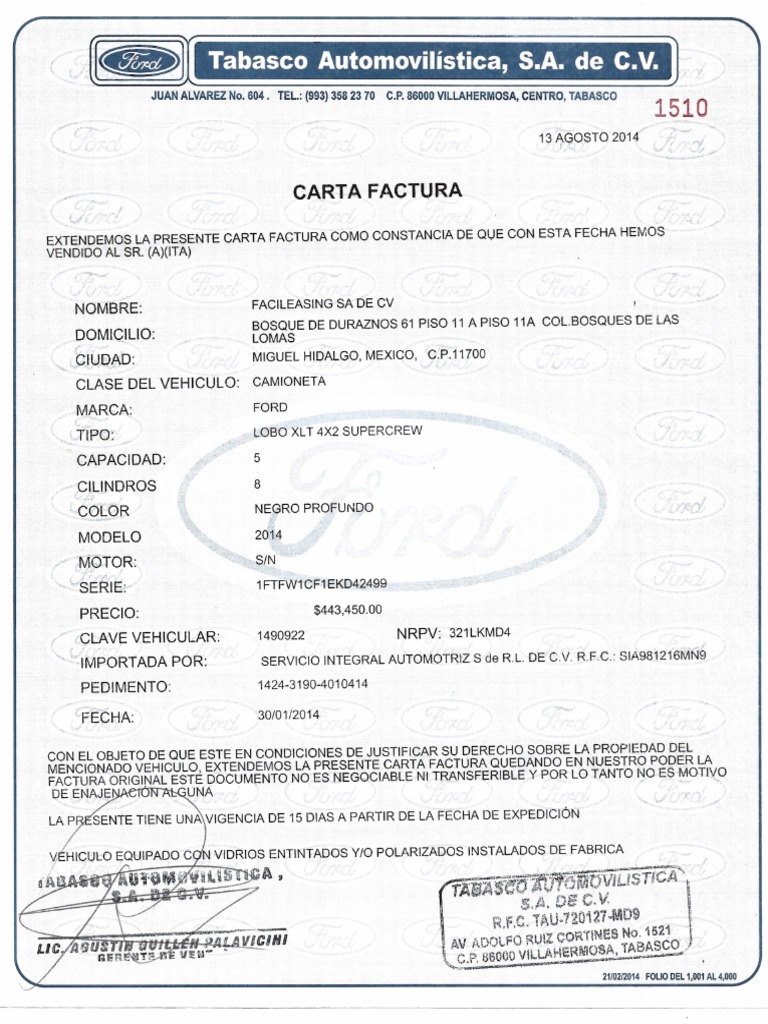 Carta Factura Ford | PDF