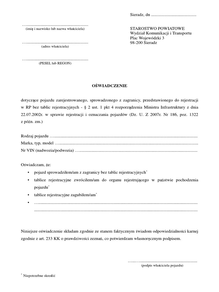 Oświadczenie o Braku Tablic Rejestracyjnych - 011 - 003 - 358092 | PDF