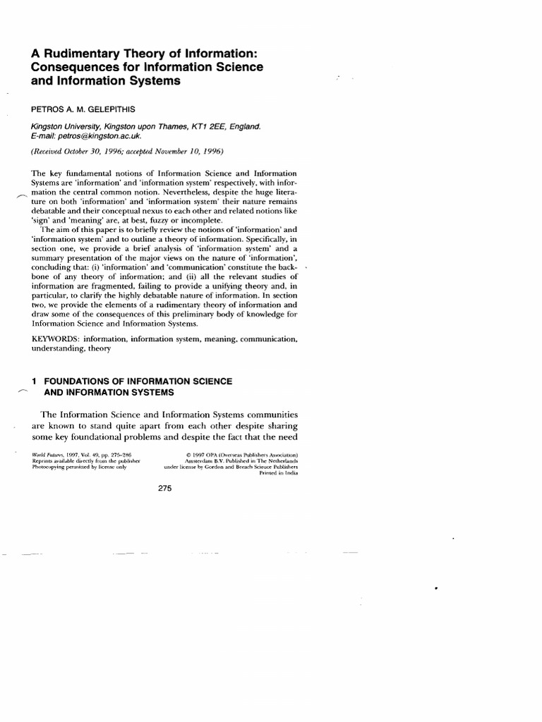 Rudimentary Theory of Information | PDF | Concept | System