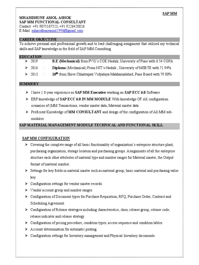 Sap MM Resume | PDF | Enterprise Resource Planning | Receipt