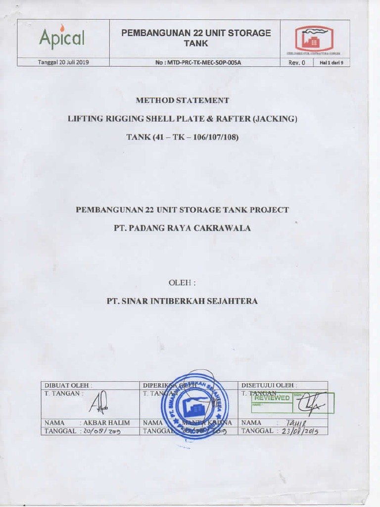 Method Statement Lifting Ringging Shell Plate & Rafter (Jacking) | PDF