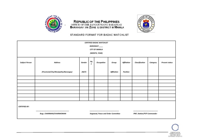 BADAC Watchlist Certification Template | PDF
