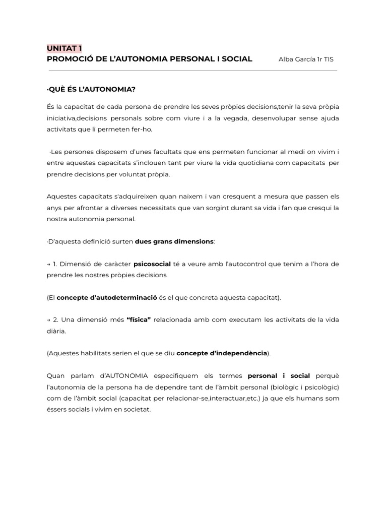 Promoció Autonomia Personal I Social Apunts Unitat 1 | PDF