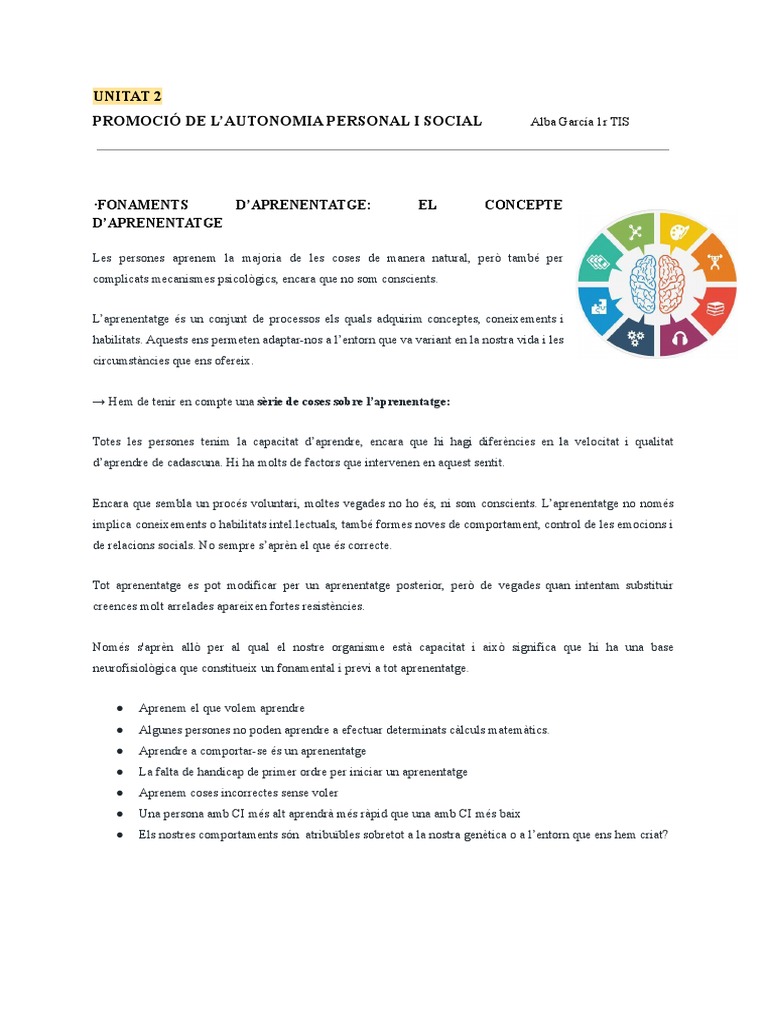 Promoció de L'autonomia Personal APUNTS UNITAT 2 | PDF