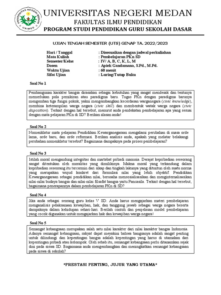 Soal Uts Pembelajaran PKN SD Genap 2022-2023 | PDF