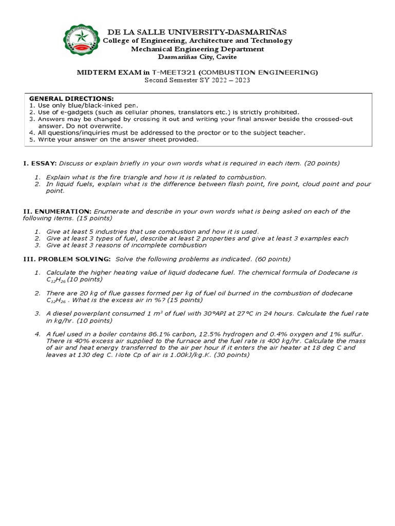 Combustion Lecture Midterm Exam | PDF | Combustion | Fuels
