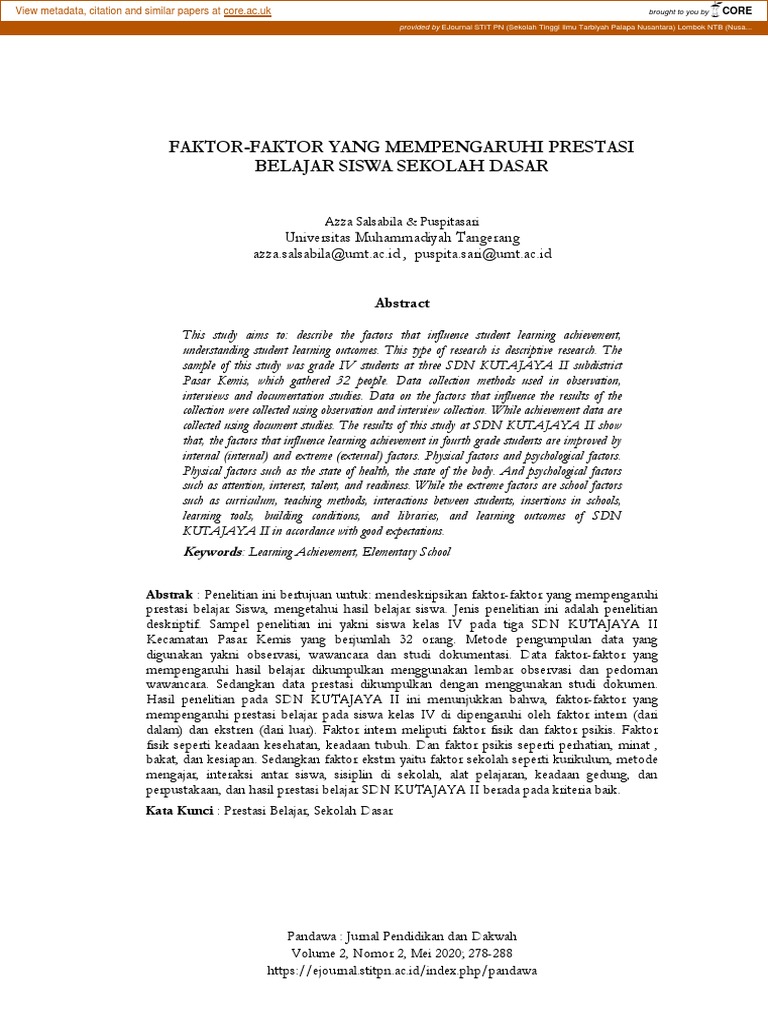 Faktor-Faktor Yang Mempengaruhi Prestasi Belajar Siswa Sekolah Dasar | PDF