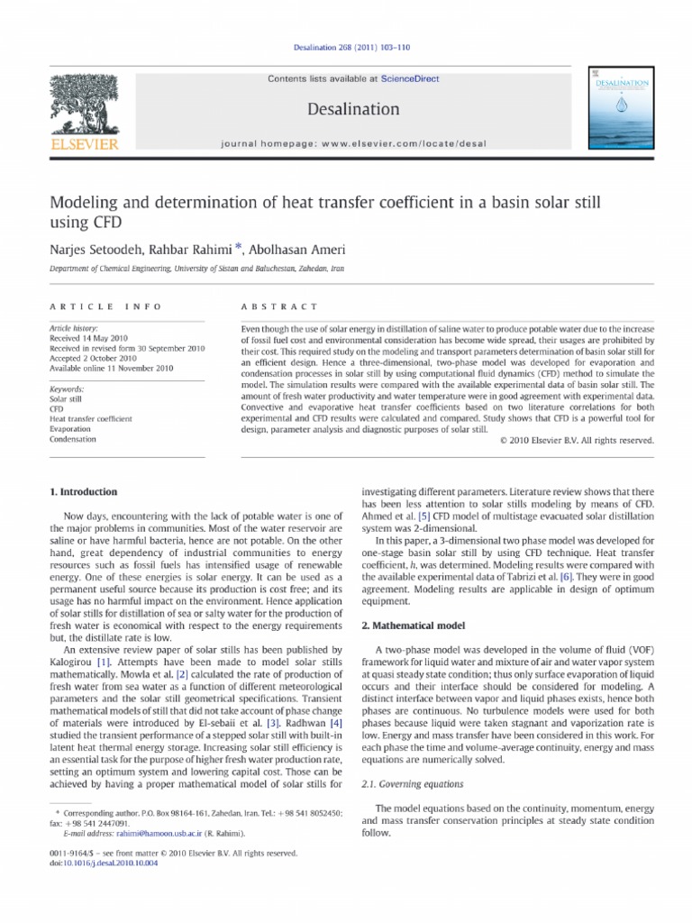 24 Modeling and Determination of Heat Transfer Coefficient in A Basin Solar Still Using CFD ...