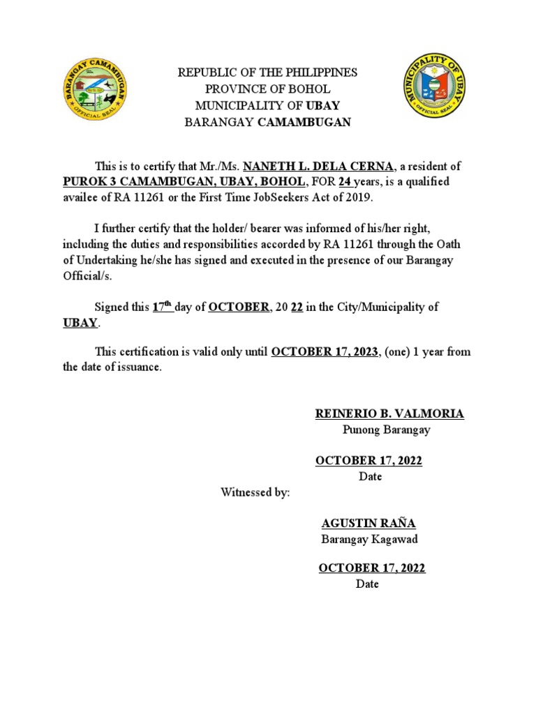 Barangay Certification | PDF | Philippines | Currency