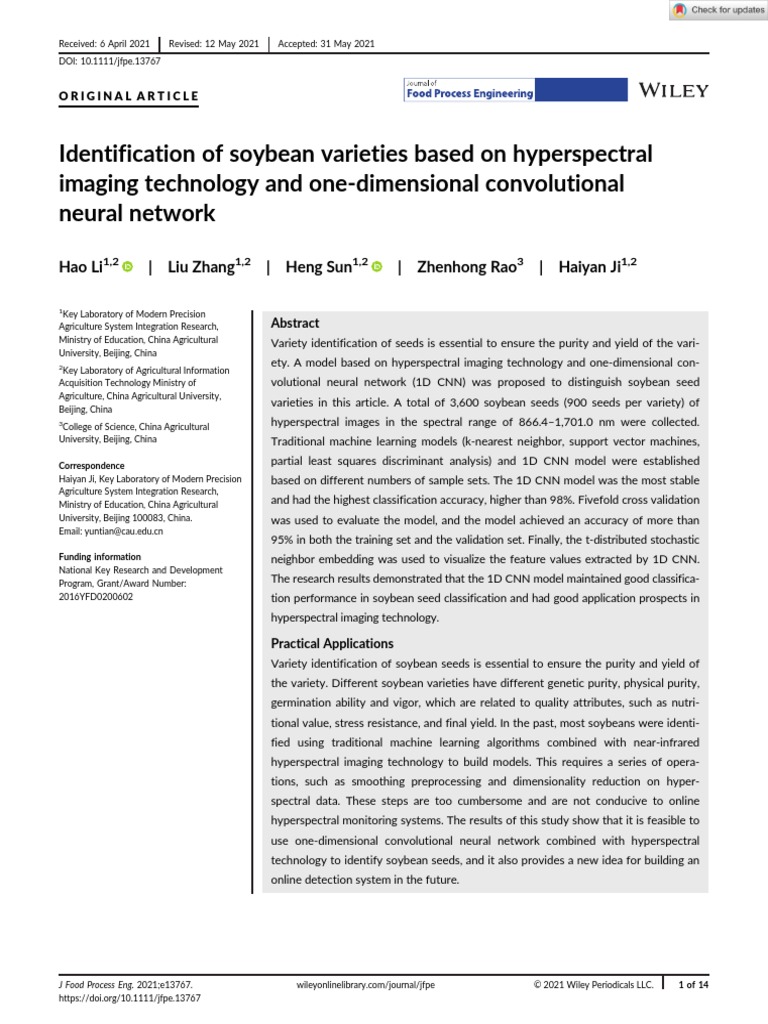 Identification of Soybean Varieties Based On Hyperspectral Imaging Technology and One ...