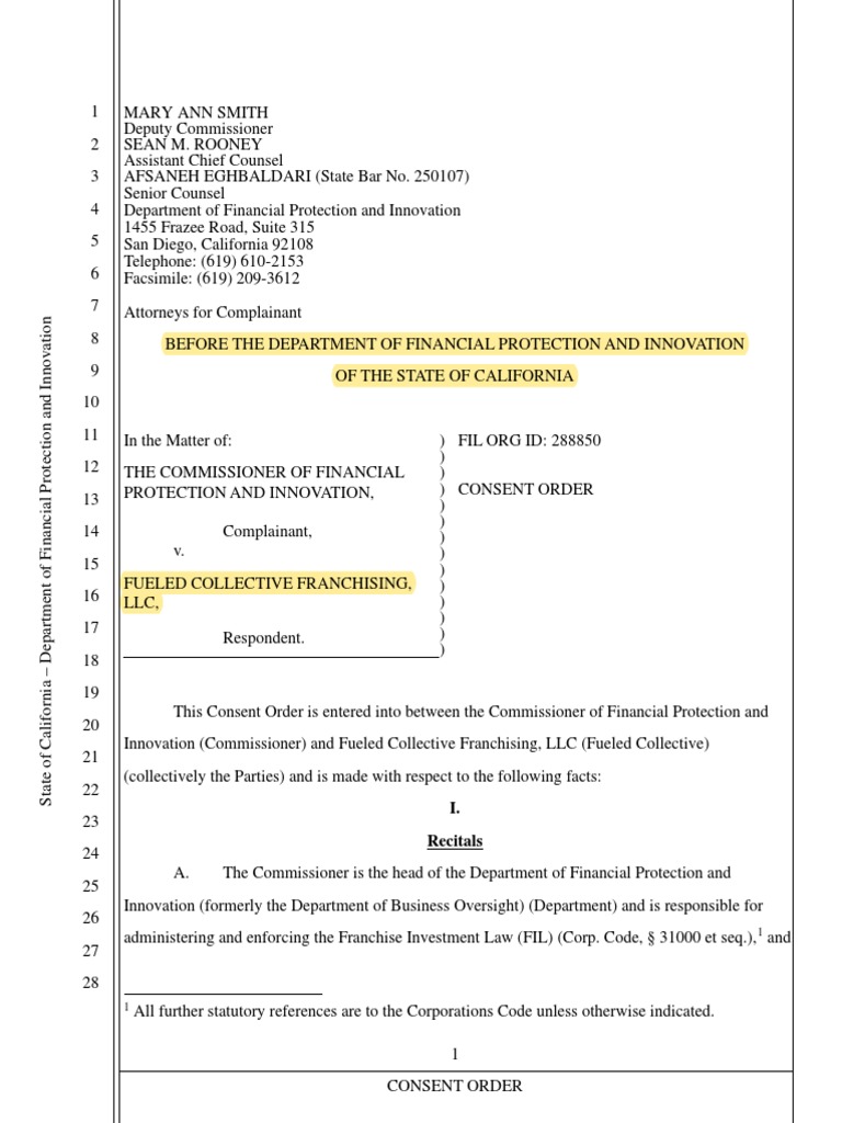 California Consent Order V Fueled Collective Franchising LLC (Aka ST ...