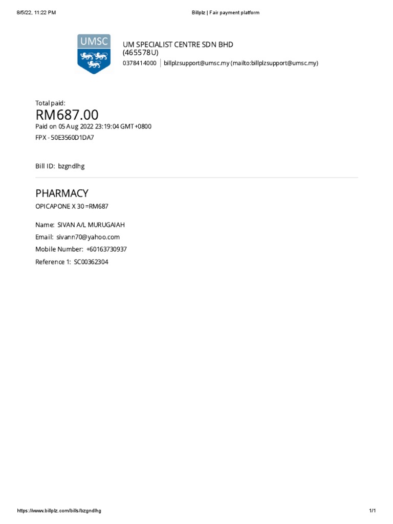 Billplz Payment Receipt for Opicapone | PDF