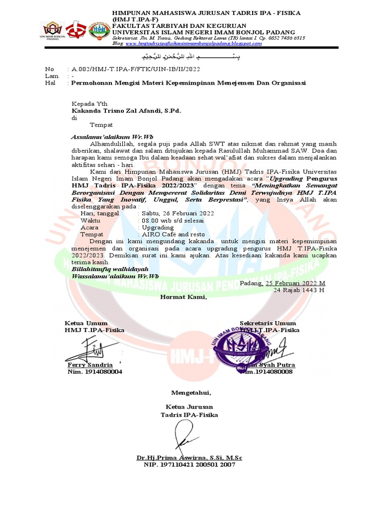 Permoohonan Mengisi Materi KMO | PDF