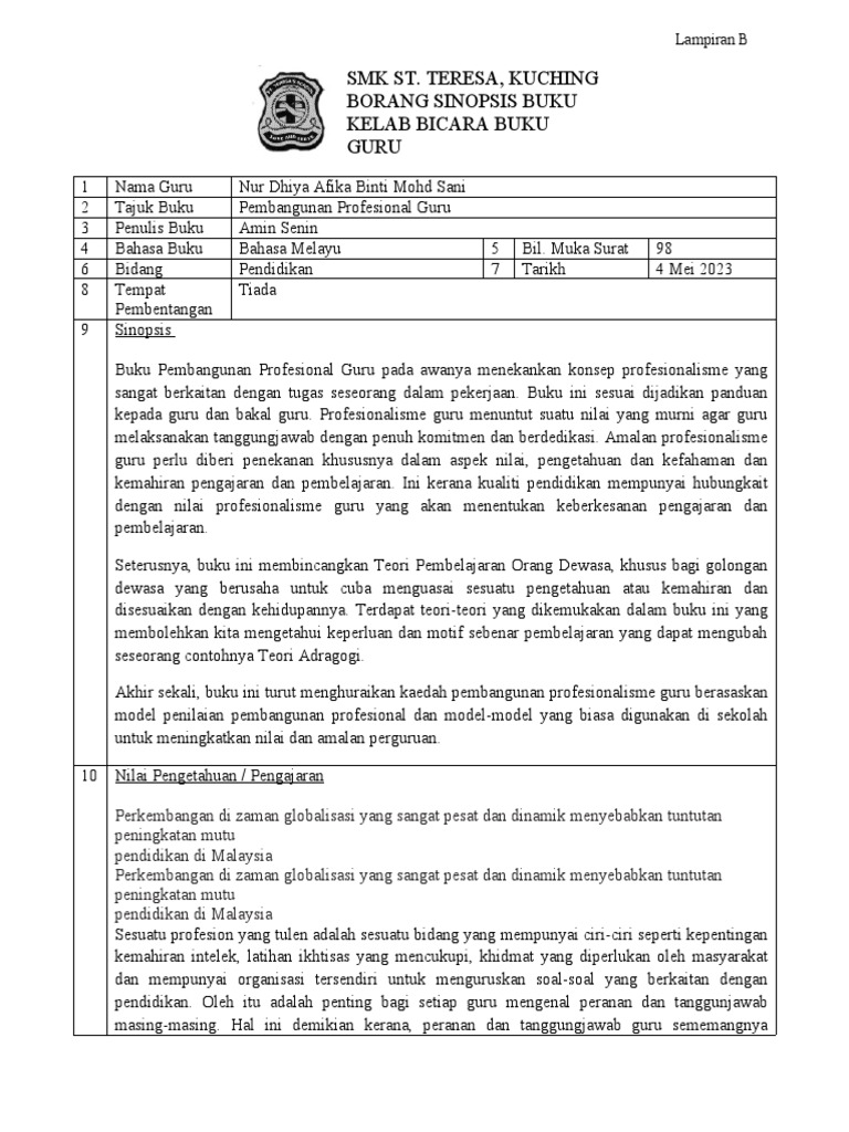 Borang Sinopsis Bicara Buku (Nur Dhiya Afika) | PDF