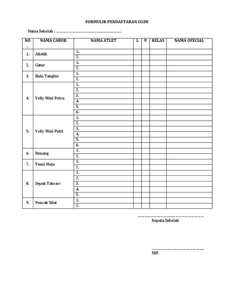 Formulir Pendaftaran O2sn | PDF