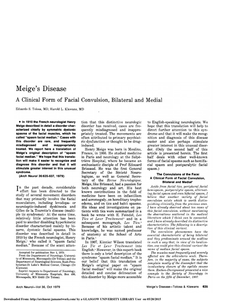 Meige's Disease A Clinical Form of Facial Convulsion, Bilateral | PDF ...