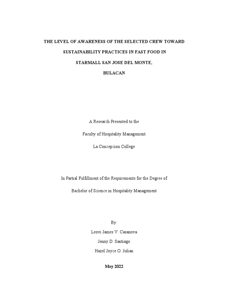 Group12 The Level of Awareness of The Selected Crew Toward Sustainability Practices in Fast Food ...