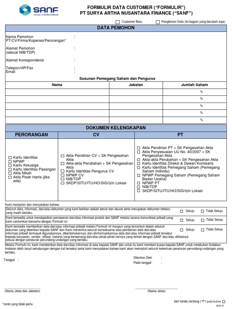 Formulir Data Customer SANF | PDF