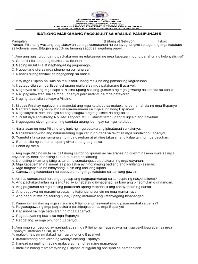Ikatlong Markahang Pagsusulit Sa Araling Panlipunan 5 | PDF Ikatlong Markahang Pagsusulit Sa Araling Panlipunan 5 | PDF