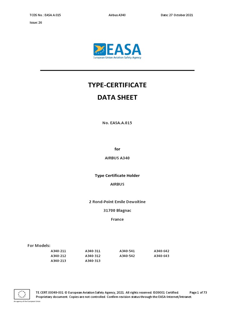 A340 Tcds Easa.a.015 - Issue 26 | PDF | Aircraft | Transport