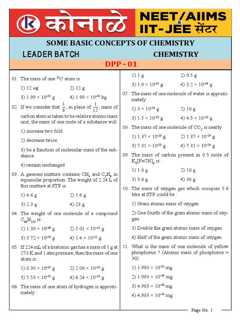 Some - Basic - Concepts - of - Chemistry 1-7 DPP | PDF | Mole (Unit) | Acid