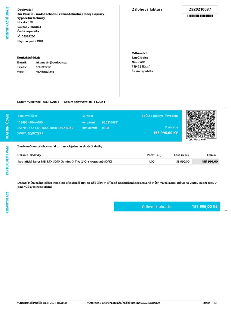 Zalohova Faktura - Z920210087 | PDF