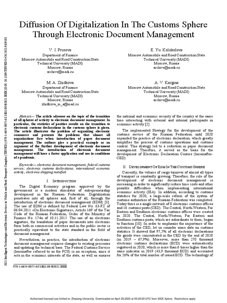 Diffusion of Digitalization in The Customs Sphere Through Electronic ...