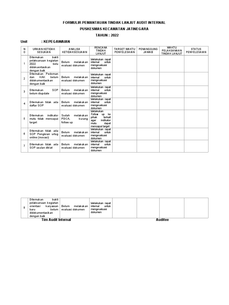 Formulir Pemantauan Tindak Lanjut Audit Internal BC III | PDF
