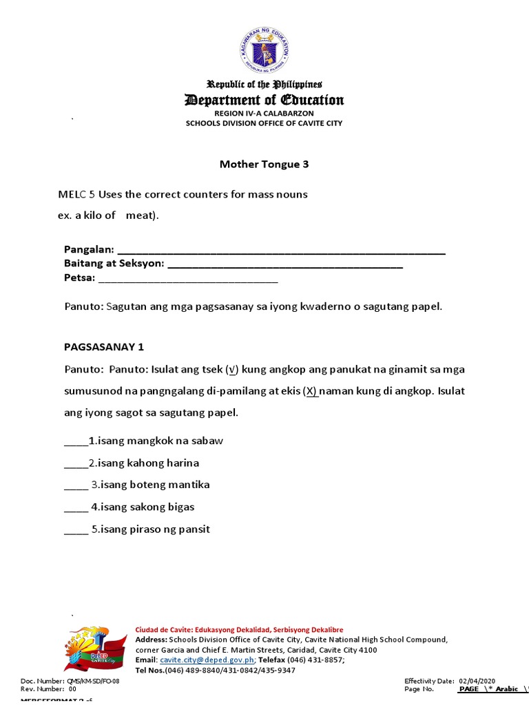 MTB-MLE3-WORKSHEET-MELC5-Paggamit NG Wastong Panukat Sa Mga Pangngalang ...
