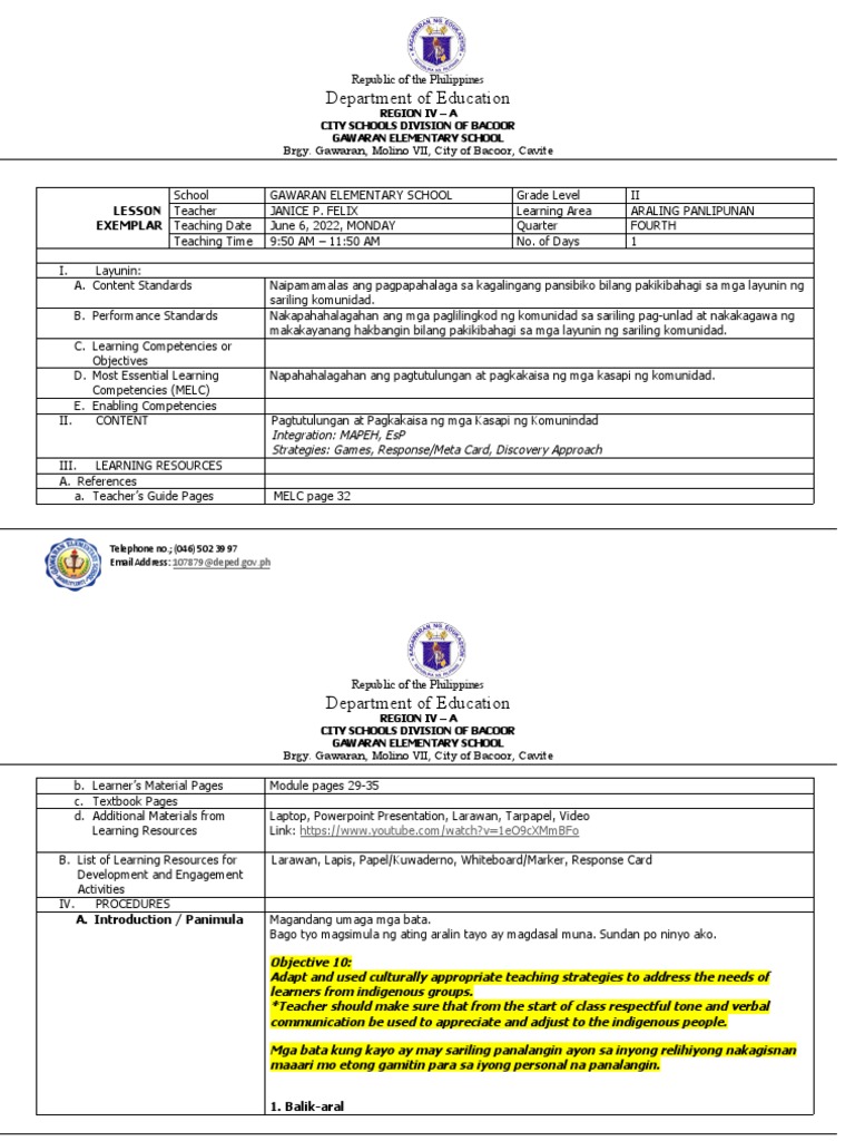 4Q Week 7 LE AP 2 COT Pagtutulungan at Pagkakaisa NG Mga Kasapi NG Komunidad | PDF | Philippines