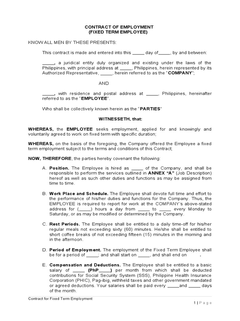 CONTRACT OF EMPLOYMENT - Fixed Term (FINAL) | PDF | Employment | Trade ...