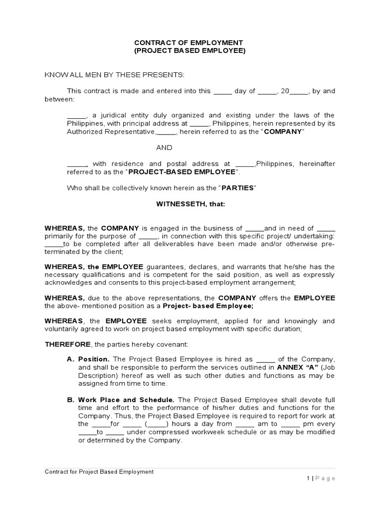 CONTRACT OF EMPLOYMENT - Project Based - FINAL | PDF | Employment ...