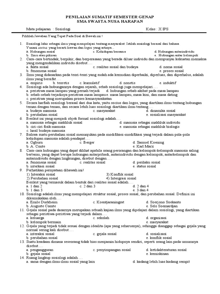 Sosiologi Kelas X (SDH) | PDF