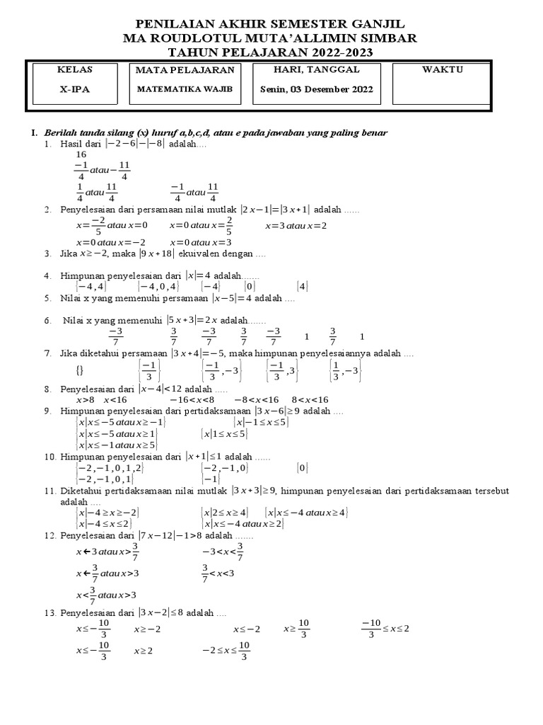 Soal Pas MTK Wajib 10 | PDF