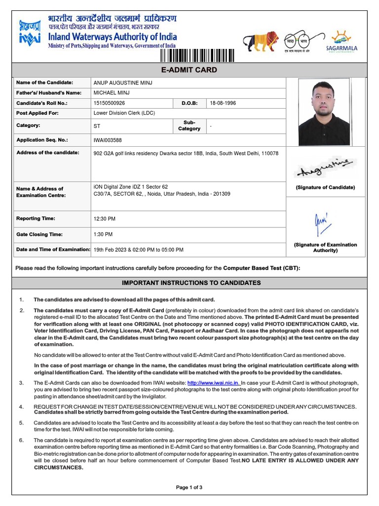 IWAI Admit Card | PDF | Identity Document | Computing