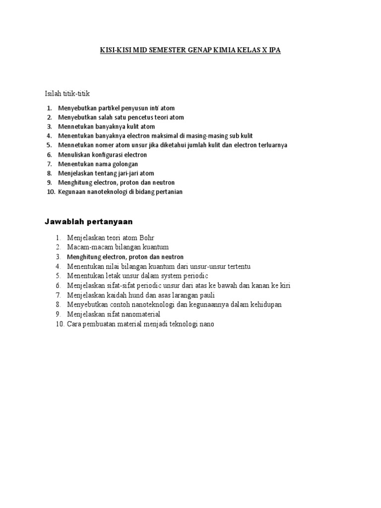 Kisi-Kisi Kimia Mid Kelas 10 | PDF
