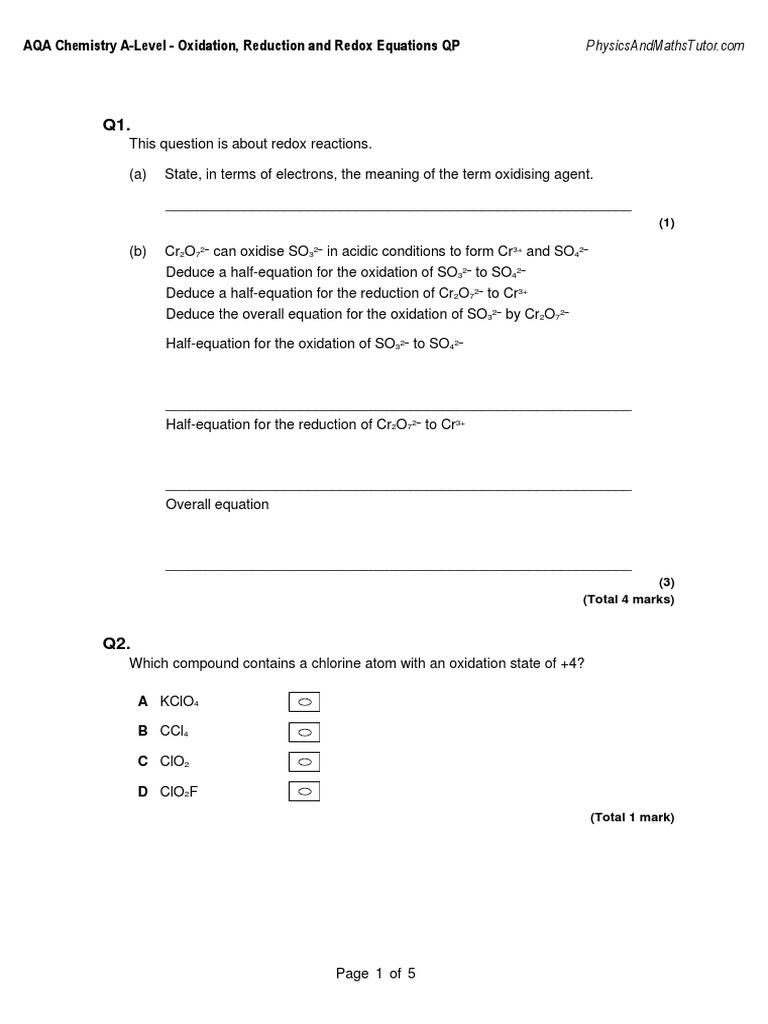 Oxidation, Reduction and Redox Equations QP | PDF | Redox | Chemistry