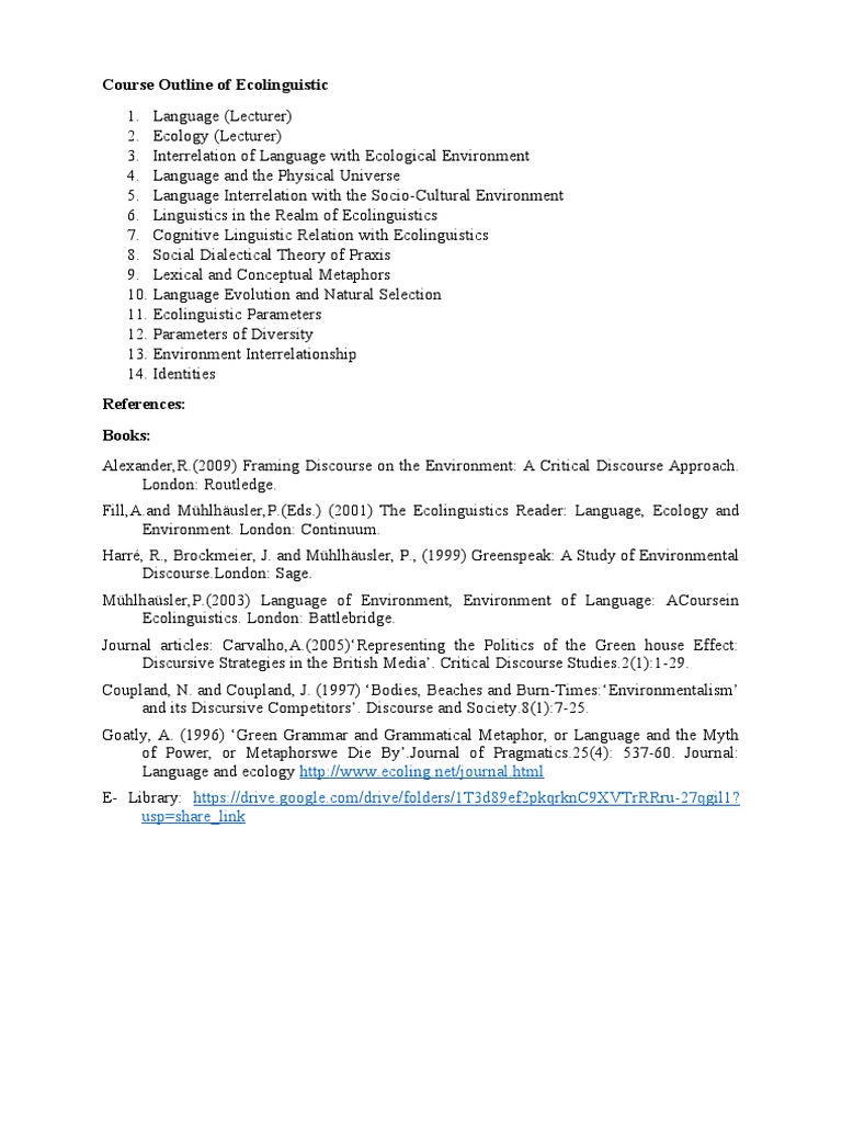 Ecolinguistics Course Outline | PDF | Discourse | Linguistics