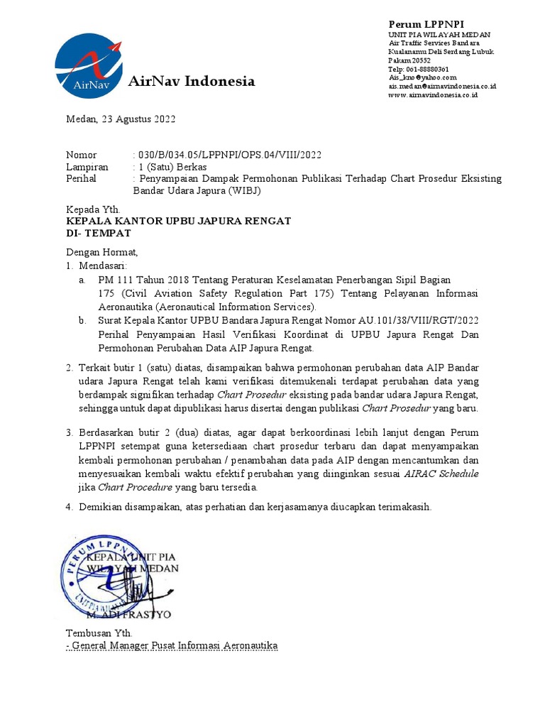 Penyampaian Dampak Permohonan Publikasi Terhadap Chart Prosedur Eksisting Bandar Udara Japura ...