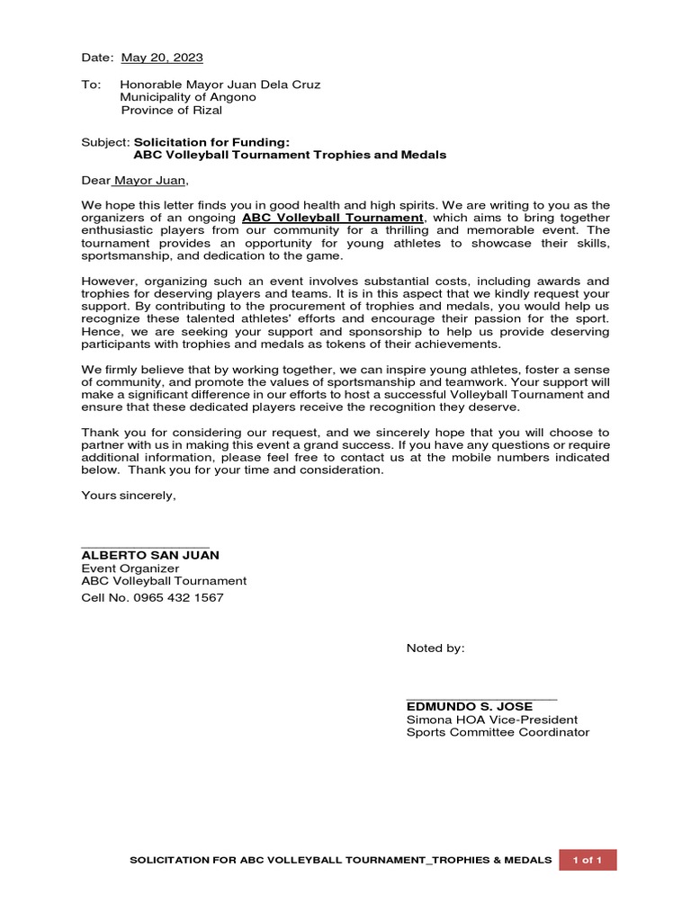 Volleyball Solicitation Letter Sample | PDF