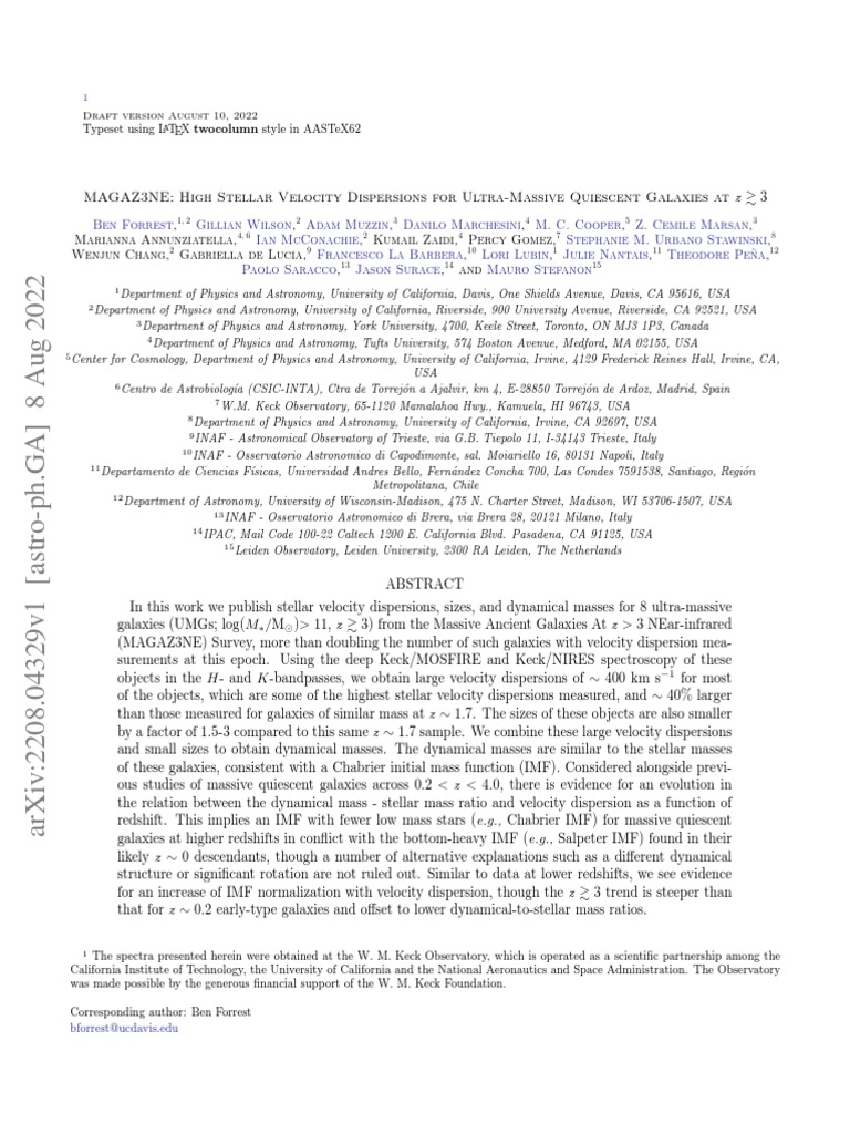 MAGAZ3NE: High Stellar Velocity Dispersions For Ultra-Massive Quiescent Galaxies at Z & 3 | PDF ...