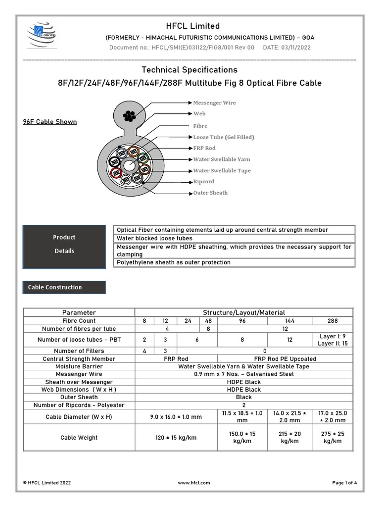 288F Multitube Optical Fiber Cable Specs | PDF | Optical Fiber | Fibre ...