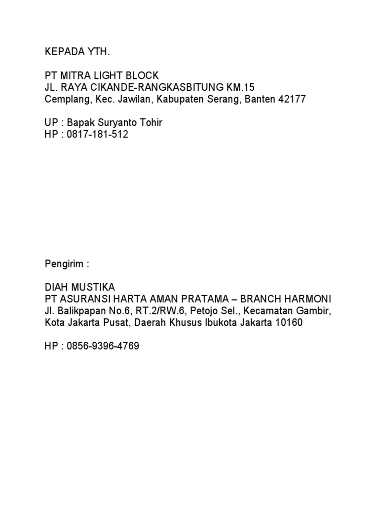 Alamat Suryanto Tohir - PT Mitra Light Block | PDF