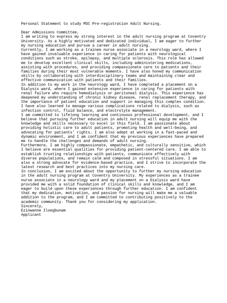 Adult Nursing Personal Statement | PDF | Nursing | Social Programs