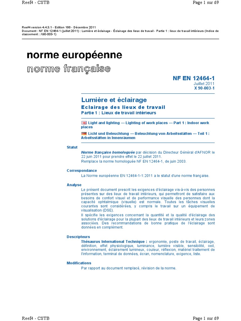2.Nf en 12464-1 (Juillet 2011) Eclairage Des Lieux de Travail (Partie 1 - Lieu de Travail ...