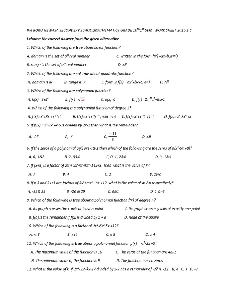 Mathematics Grade 10TH Work Sheet 2012e | PDF | Polynomial ...