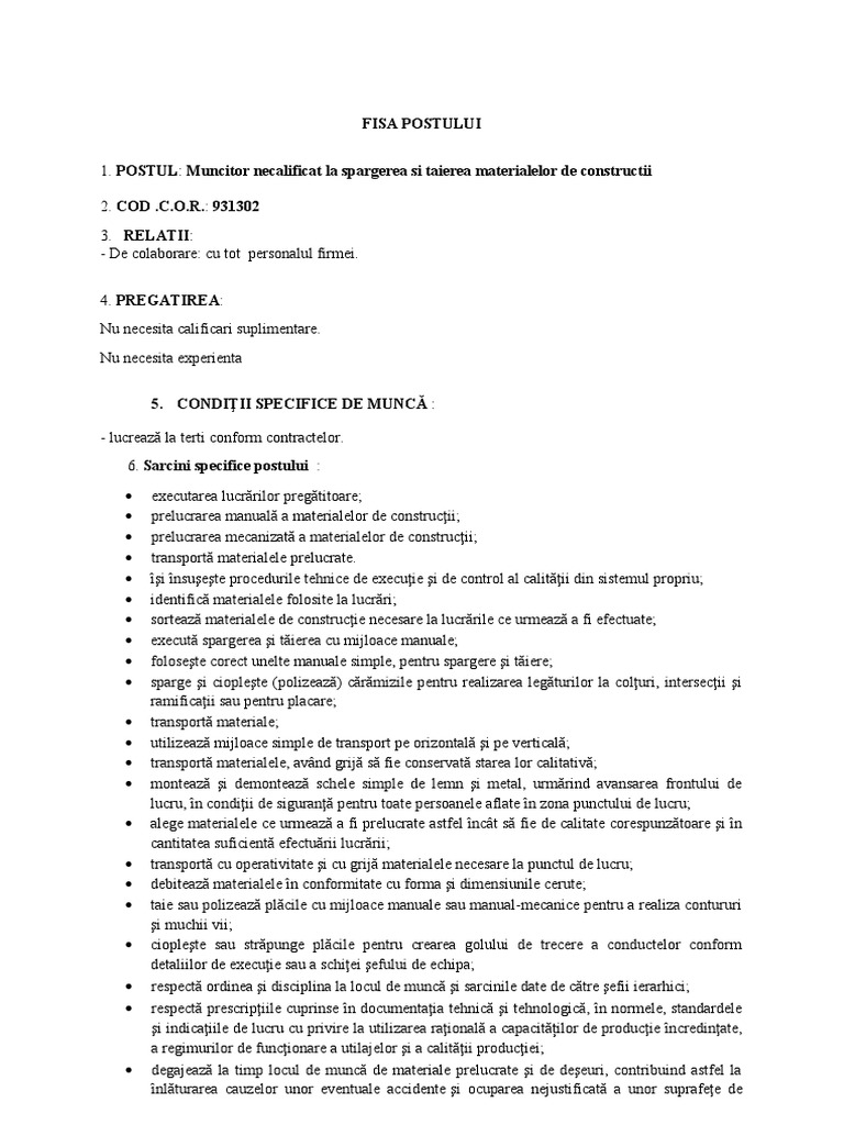 Fisa Postului Muncitor Necalificat La Spargerea Si Taierea Materialelor de Constructii | PDF
