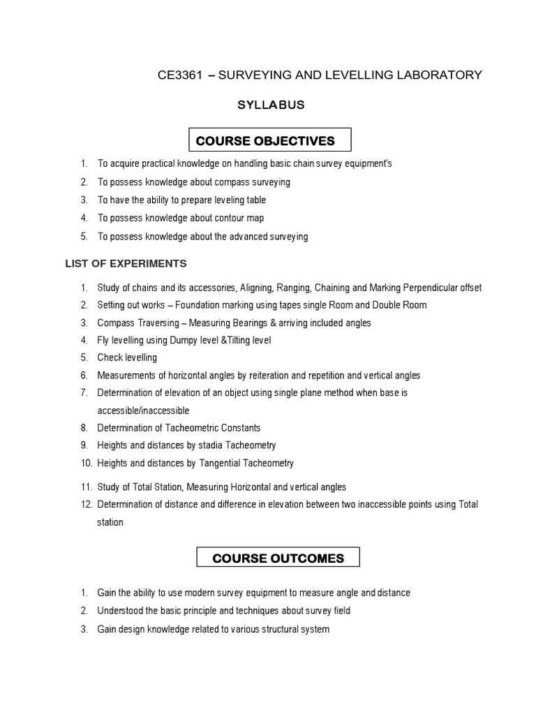Surveying and Levelling Lab Syllabus | PDF | Surveying | Geodesy