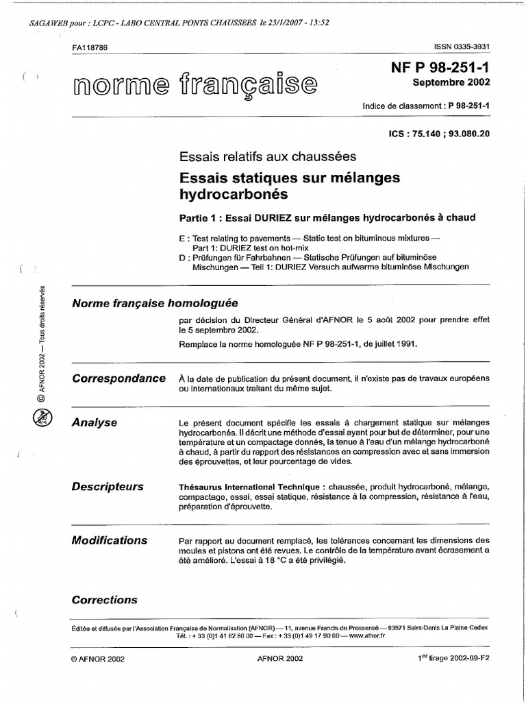 Ancienne NF P 98 - 251-1 Duriez | PDF