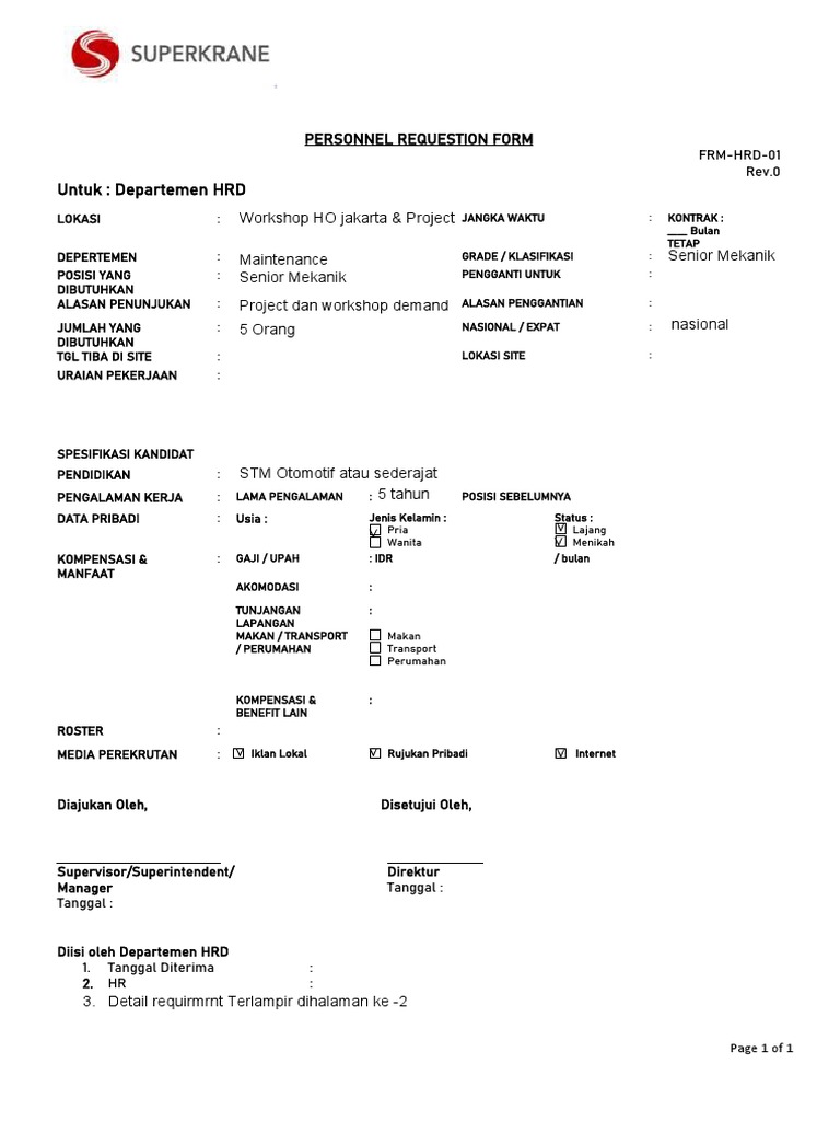 Formulir - Permintaan - Personil - & Requirment Personel For Mekanik (17-3-23) | PDF